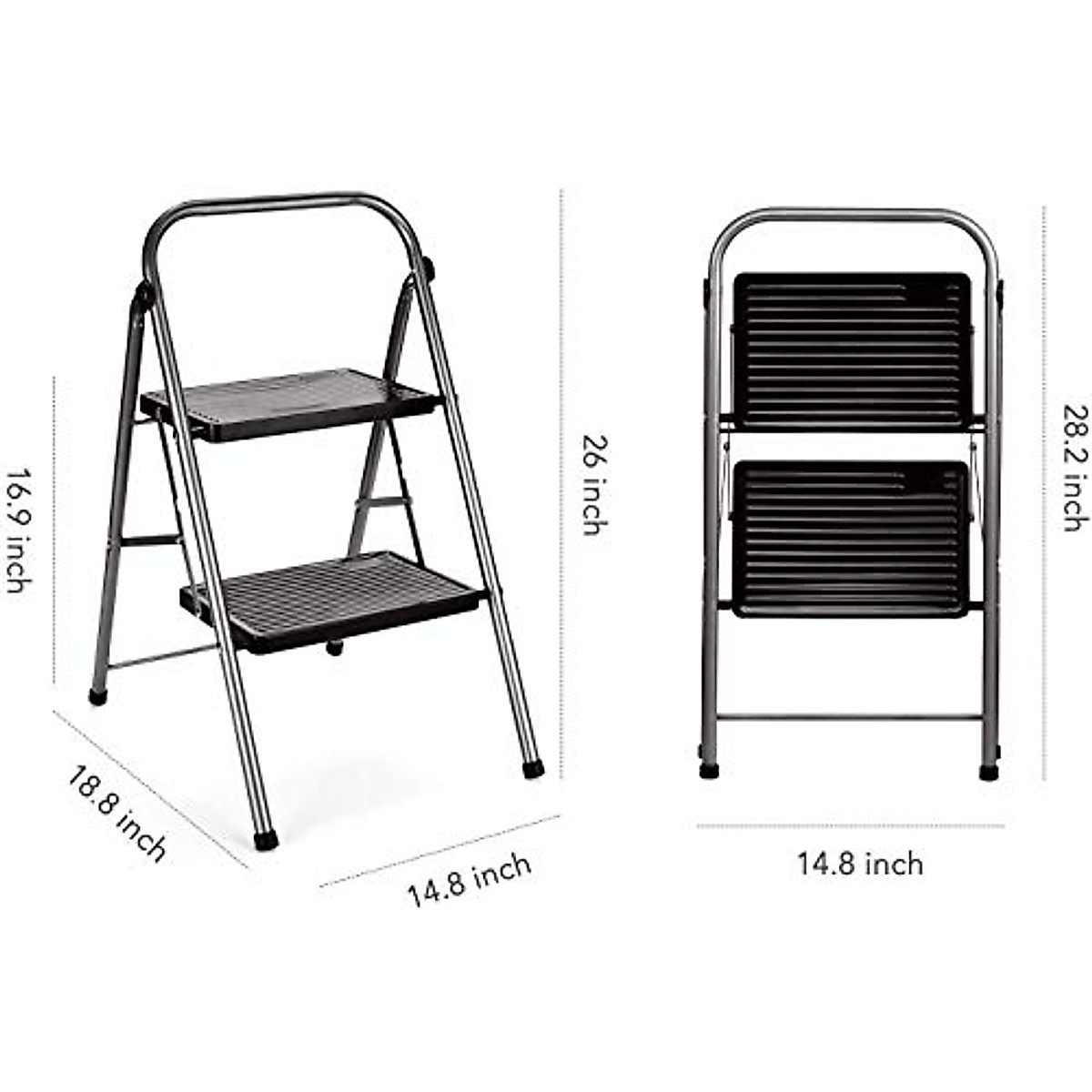 Delxo 2 Step Ladder Folding Step Stool 2 Steps Stepstool with Handrails Wide Pedal,Heavy Duty Sturdy Small Compact Ladder Portable Anti-Slip Safety Kitchen Stepladder Metal Step Stool for Adults Grey