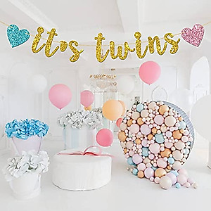 It's Twins Banner - Gold Glitter Baby Shower Bunting Gender Reveal Party for Babies Twin Decorations Supplies