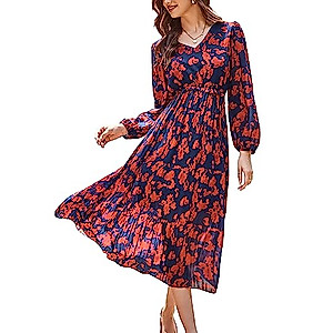 GRACE KARIN 2023 Women's Floral Print Dress V Neck Long Lantern Sleeve Bohemian Dress Elegant Flowy Dress Navy Blue XL