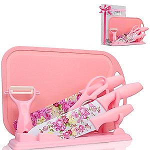 KoudHug Kitchen Knife Set, Pink Flower 7-pieces Stainless Steel Sharp Chef Cooking Non-slip Knife Set with Acrylic Stand & Block, Non-stick Colorful Coating Present for Women and family (Pink)