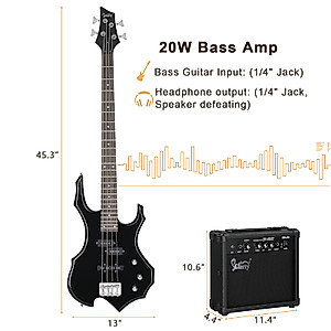 GLARRY Electric Bass Guitar 4 Strings Buring Fire Style Single Coil - Split Single Coil Pickups for Beginner Adults Right Hand w/ 20W Amp, Bag, Strap and Cord (Black)