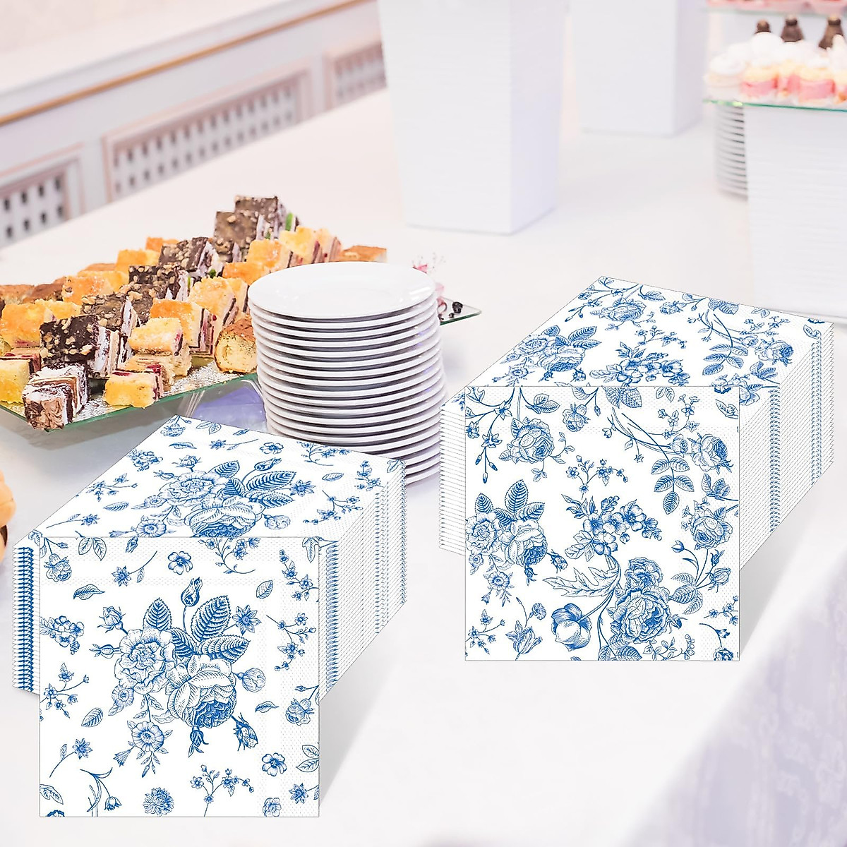 Lonfliness 120Pcs Blue Floral Napkins 2 Designs Flower Chinoiserie Paper Napkins Blue and White Disposable Decorations Dinner Dessert Supplies for Wedding Birthday Baby Bridal Shower Tea Party Decor