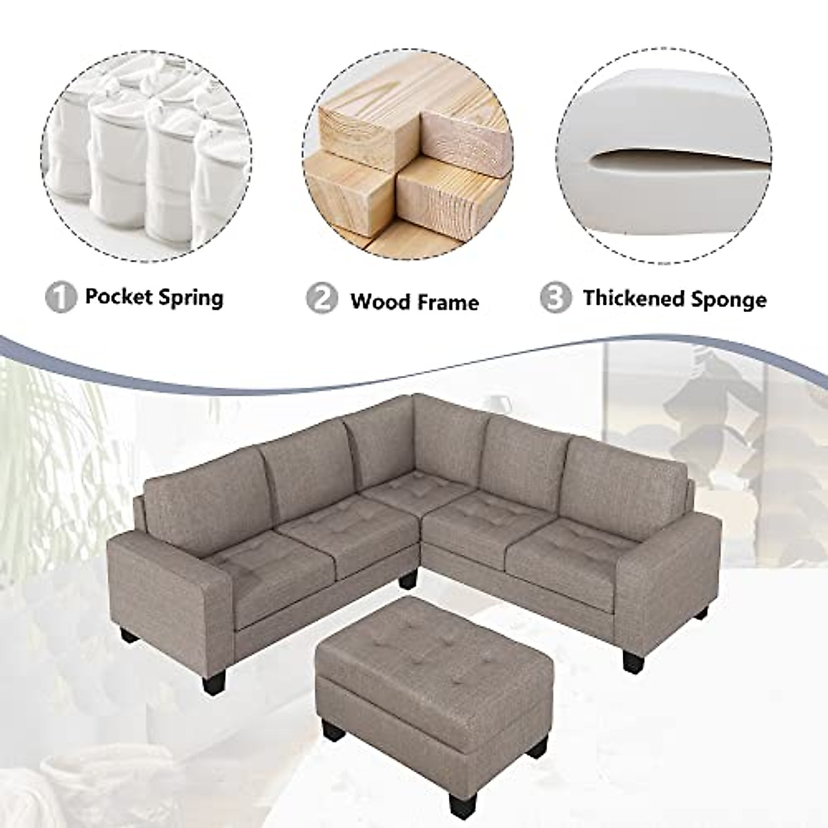 Merax Sectional Corner Sofa Set, Modern L-Shaped Couch with Storage Ottoman and Cup Holders for Living Room, Linen Brown