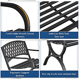 Outdoor Bench Garden Bench, Weatherproof Anti-Rust Heavy-Duty Outside Bench Clearance, Wrought Iron Metal Bench for Front Porch, Patio, Park, Ergonomic Backrest, Slatted Seat, Black/ 50 Inch furniture