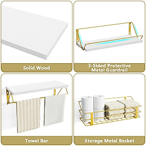 Love-KANKEI Floating Shelves Wall Mounted, Bathroom Shelves Over Toilet with Towel Bar,Wall Shelves with Storage Wire Basket, Wood Shelves for Bedroom Kitchen Living Room Books, Set of 3, White