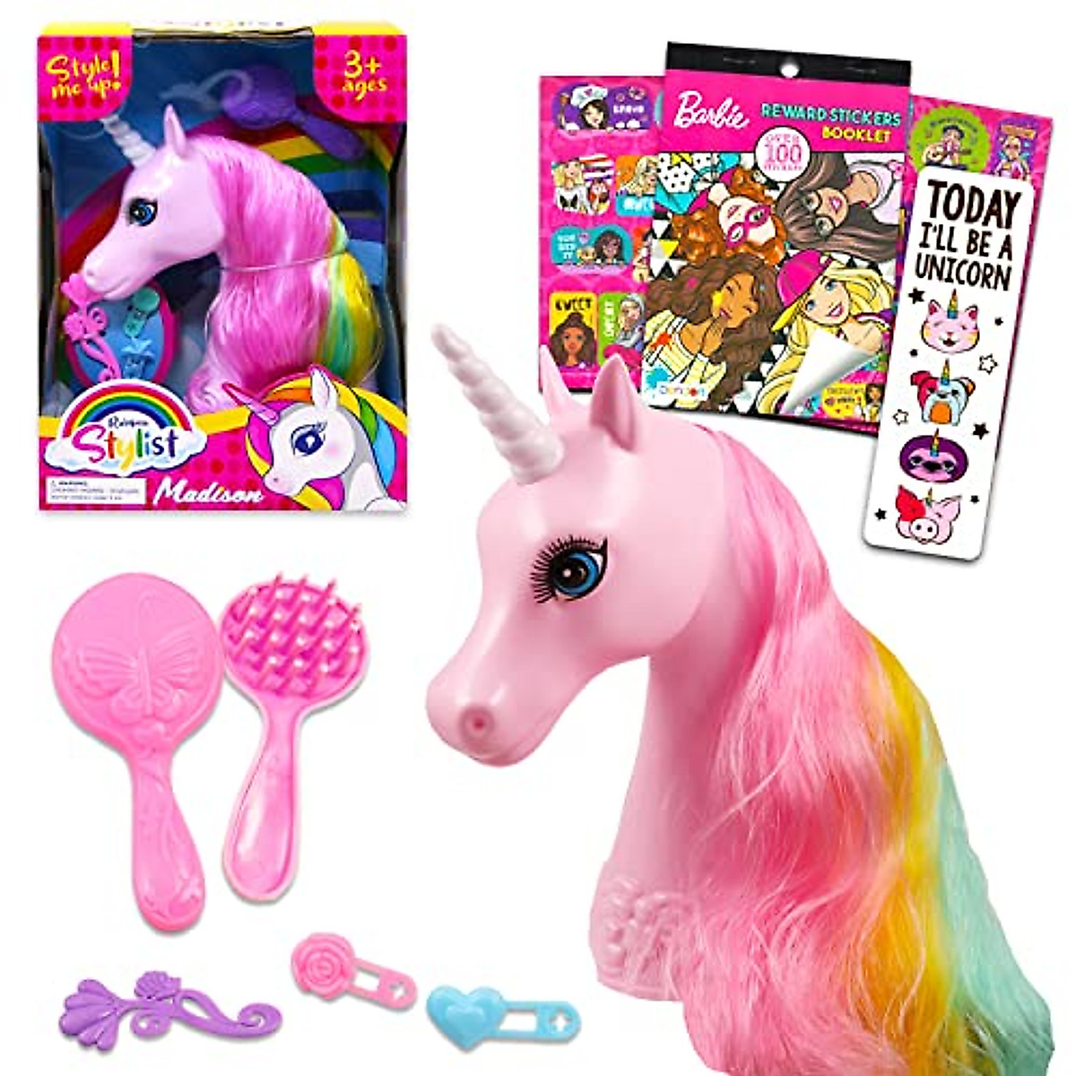 Unicorn Styling Head for Girls - Bundle with Unicorn Styling Head Toy, Stickers, Unicorn Bookmark | Unicorn Gifts for Girls, Kids