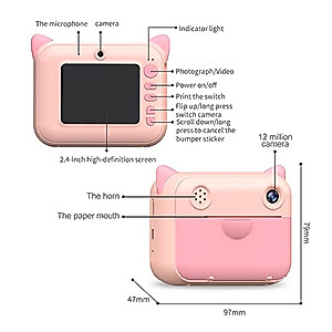 CalmGeek Cute Kids Instant Print Camera 1080P Digital Video Camera Dual Camera Lens 12MP 2.4 Inch LCD Screen Built-in Battery Birthday Festival for Boys Girls