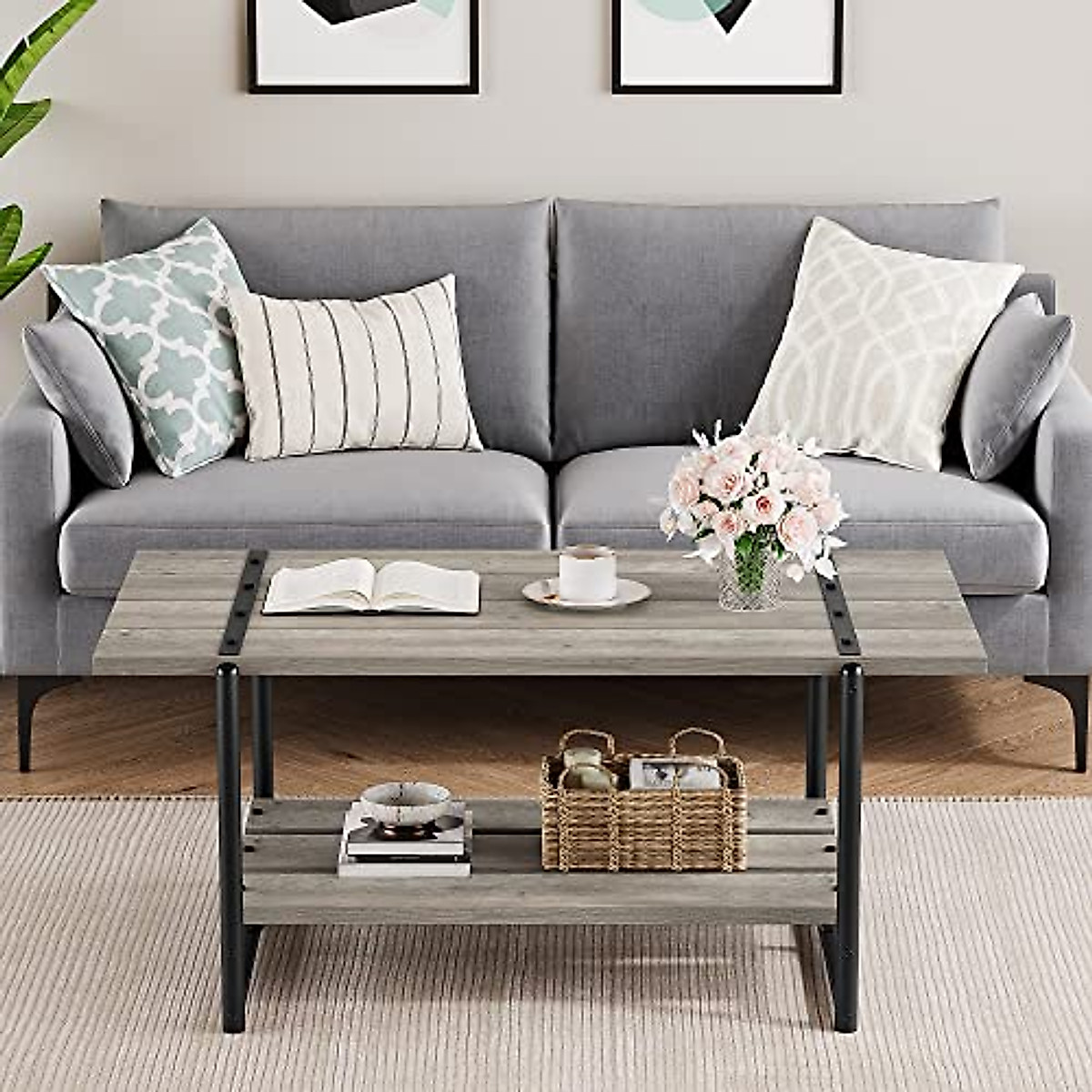 2-Tier Farmhouse 41'' Large Gray Wood Coffee Table with Storage Shelf -Modern Rustic Metal Rectangle Center Living Room Coffee Table Accent Furniture for Home Office,Easy Assembly