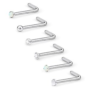 Lcolyoli 22G Stainless Steel Nose Rings L Shaped Stud Piercing Jewelry for Women 1.5mm CZ Opal Ball Inlaid