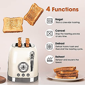 CROWNFUL 2-Slice Toaster, Extra Wide Slots Toaster, Retro Stainless Steel with Bagel, Cancel, Defrost, Reheat Function and 6-Shade Settings, Removal Crumb Tray, Cream