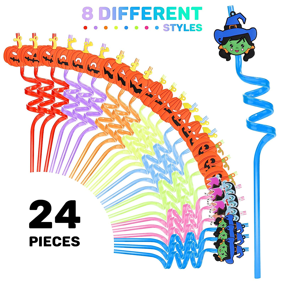 24 Pack of Cocktail Stirrers Curved Straws, Clear Reusable Pumpkin Witch Spider Pattern Drinking Straws for Halloween Party Decoration Supplies Birthday Party Favors, 8 Styles