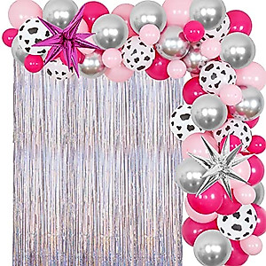 Jollyboom Space Cowgirl Party decorations, Western Disco Party Decorations for Women Hot Pink Balloon Garland Arch Kit, Laser Silver Fringe Curtains Star Foil Balloons for Girl Bachelorette Party