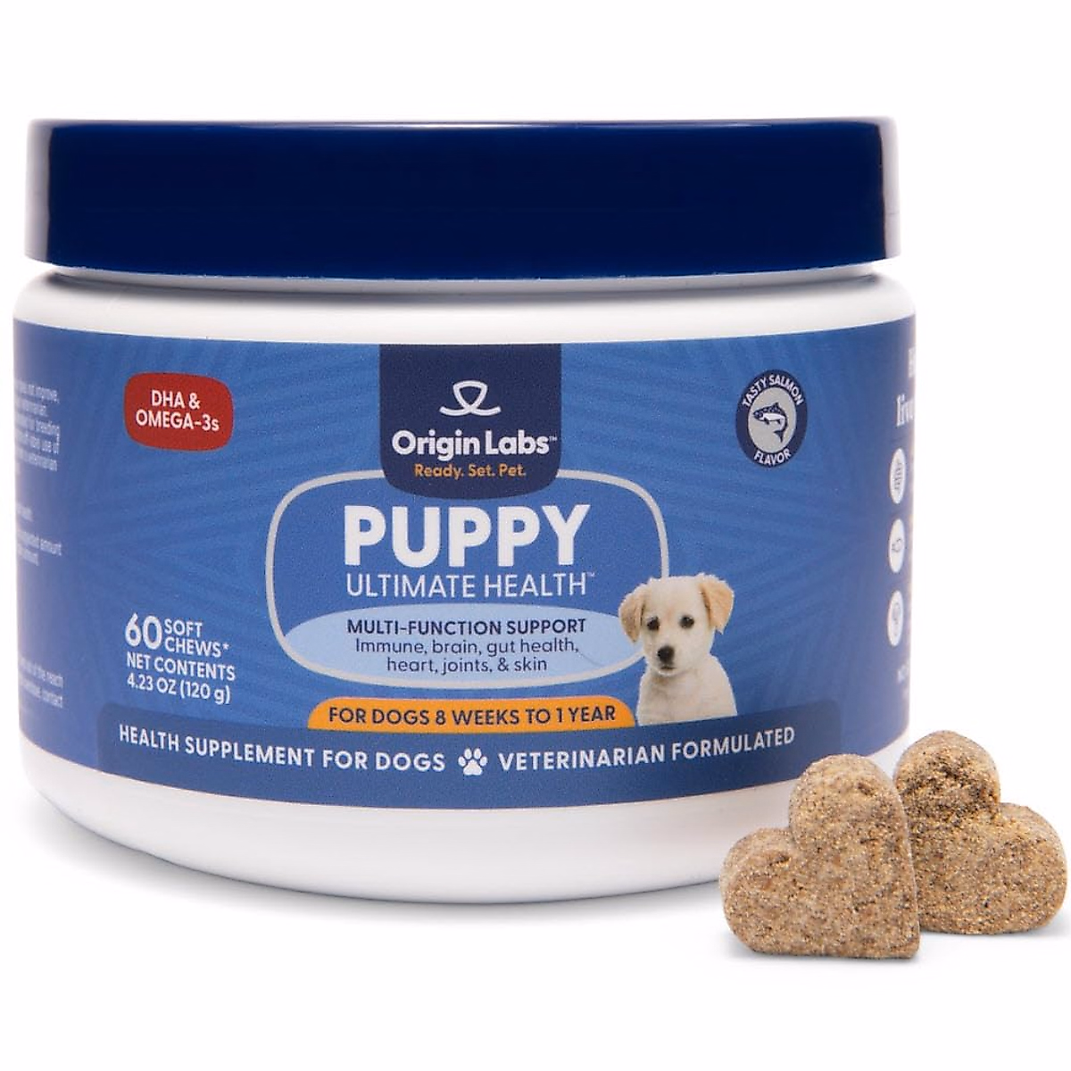 Origin Labs Puppy Multifunction Support DHA Omega 3 Supplement, Wild Alaska Salmon Fish Oil, Probiotic for Gut Health, Immune Support, Heart, Skin, Brain, Joint Health, Salmon Flavor, 60 Soft Chews