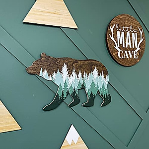 Forest Bear Wall Sign, Adventure Woodland Theme, Rustic Nursery Decor, Pine Tree Mountain Aesthetic, 18 x 10 inches, Man Cave Home Bedroom Cabin Office House Art Decorations, Hickory Hollow Designs… (Dark Walnut/Green Pine Trees)