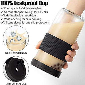 Reusable Glass Mason Jars Cups with Lids and Straws Silicone Sleeves, 2 Pack 24Oz Wide Mouth Smoothie Cups Glass Bubble Tea Cup Leakproof drinking glasses Travel Tumbler for Large Pearl Birthday Gifts