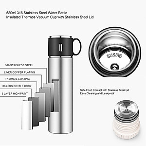 Ballyware 20oz Stainless Steel Vacuum Insulated Flask, Leak Proof Thermos For Hot Drinks With Cup - For Indoor and Outdoor (Red)