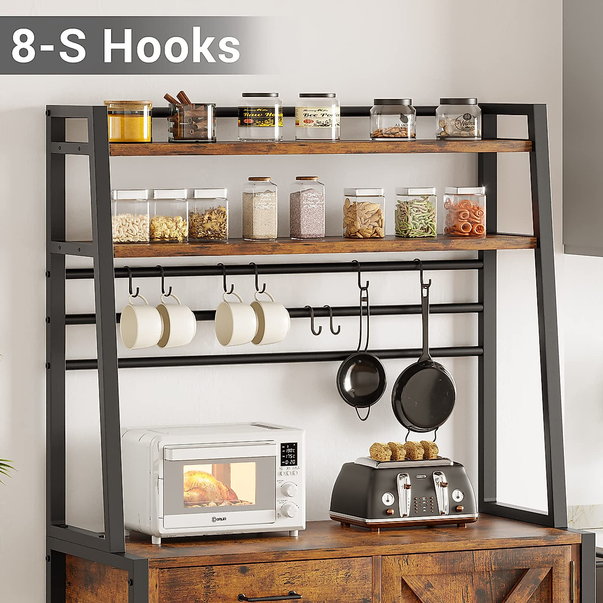 Itaar Baker's Rack, Coffee Bar Cabinet, Farmhouse Microwave Stand with Wine Rack, Drawer and 8 Hooks for Kitchens with Storage, Rustic Brown