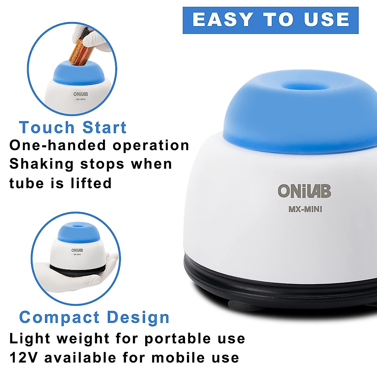 ONiLAB Mini Vortex Mixer with Touch Function, Lab Mixing, Nail Polish,Tattoo Ink,Eyelash Adhesives and Acrylic Paints Mixing, Lab Vortexer for Centrifuge Tubes and Test Tubes,Blue