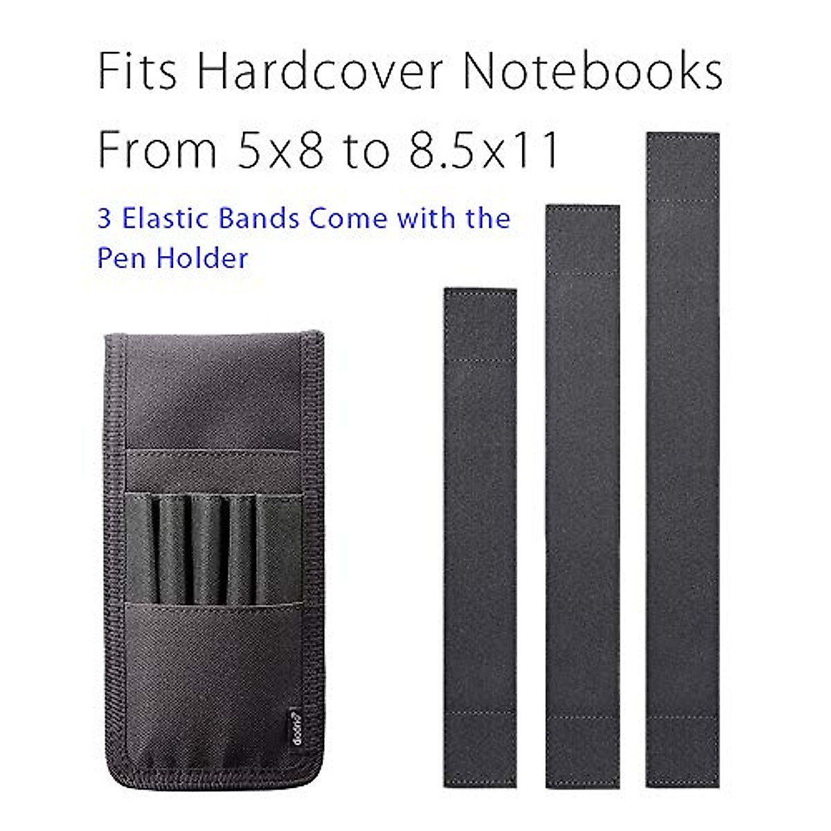Pen Holder, Pencil Holder, Pen Sleeve Case for Hard Cover Journals, Notebooks, Books, Binders, Hold Multi Pens Pencils Rulers Durable Fabrics, Detachable, Elastic Band. Black.