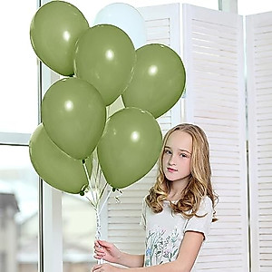 RUBFAC Sage Green Balloons, 50pcs 12 Inch Olive Green Party Balloons and Ribbon, Thick Latex Balloons for Birthday Wedding Baby Shower Graduation Anniversary Party Decorations