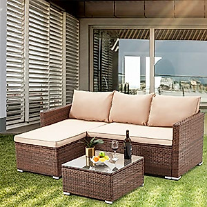 AVAWING 3 Piece Patio Furniture Set, Outside Furniture All-Weather Wicker Patio Furniture Sets with Tempered Glass Table and Cushions for Garden Backyard Balcony Porch Poolside, Beige…