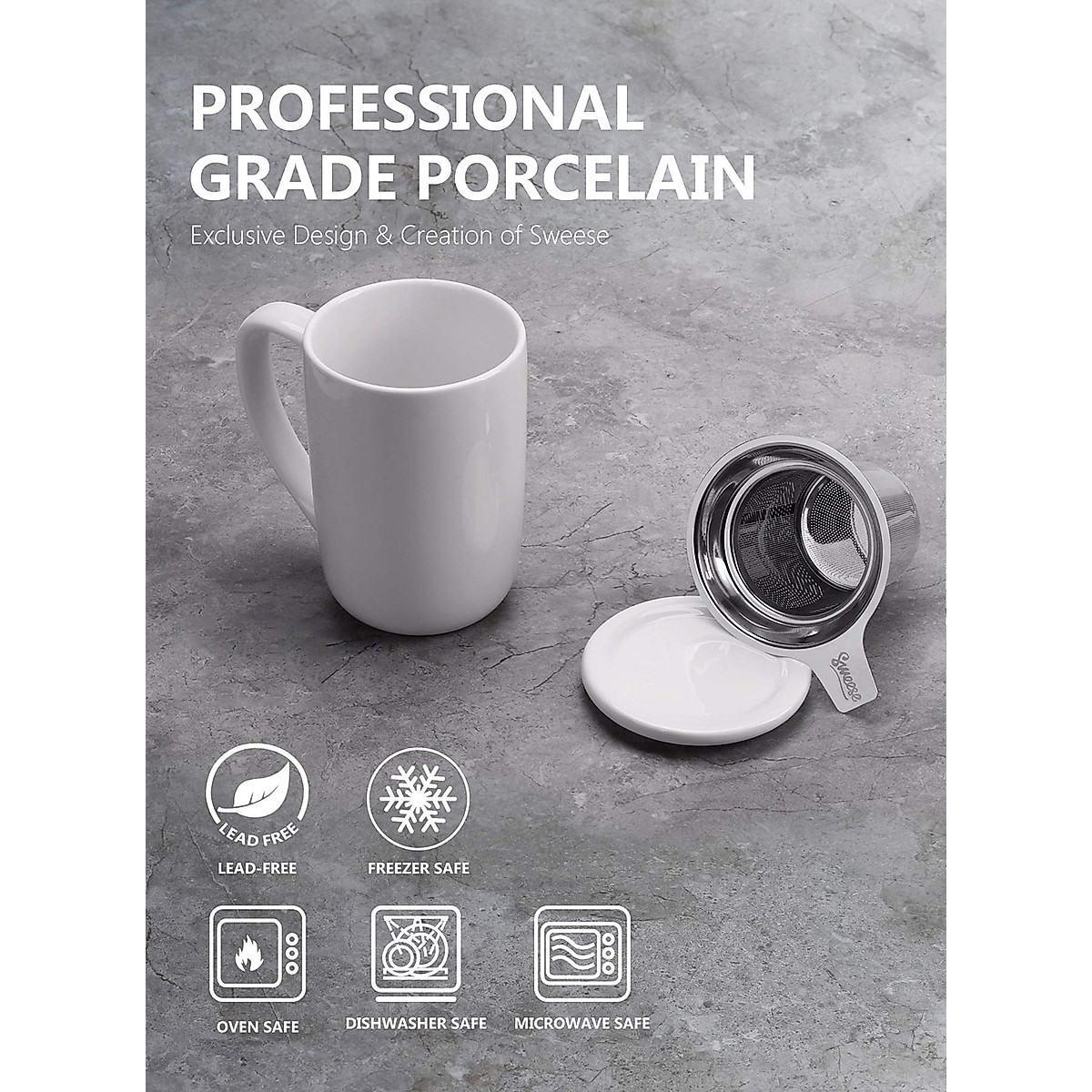 Sweese 16 OZ Porcelain Tea Mug with Infuser and Lid, Loose Leaf Tea Cup, Gifts for Tea Lover, White