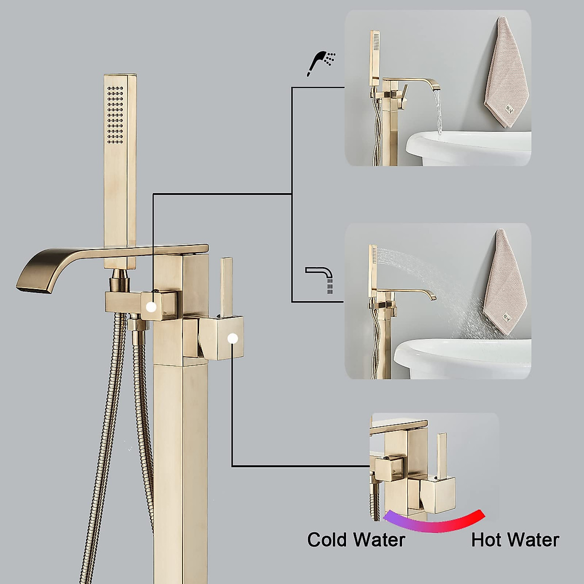 Freestanding Bathtub Faucet Brushed Gold Floor Mount Waterfall Tub Filler High Flow with Hand Shower Solid Brass 360 Degree Swivel Standing Mixer Taps for Bathroom