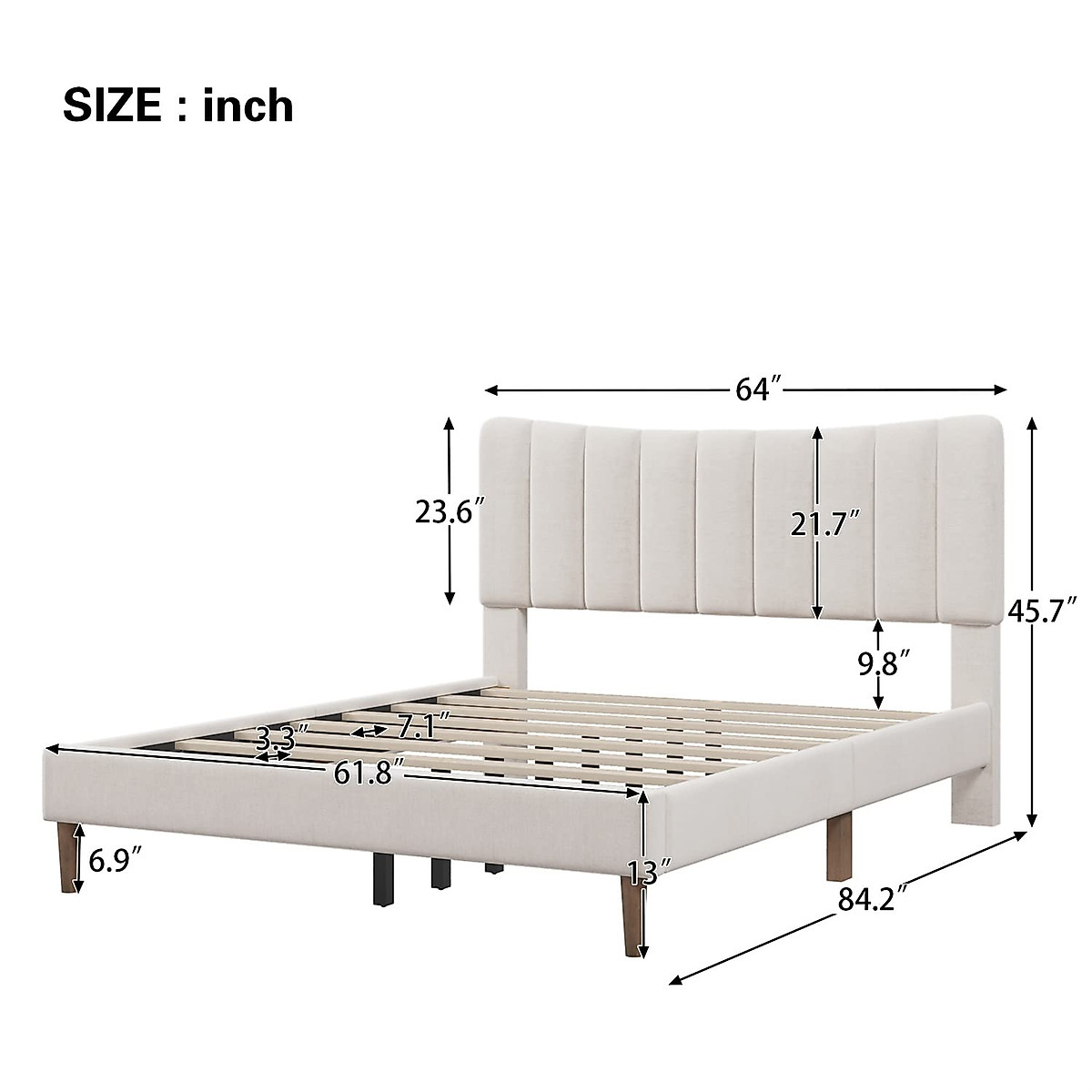 JIBELL Linen Upholstered Platform Bed Frame with Vertical Channel Tufted Headboard, No Box Spring Needed, with Slat Support and Wood Legs, Easy Assembly. (Cream,Queen)