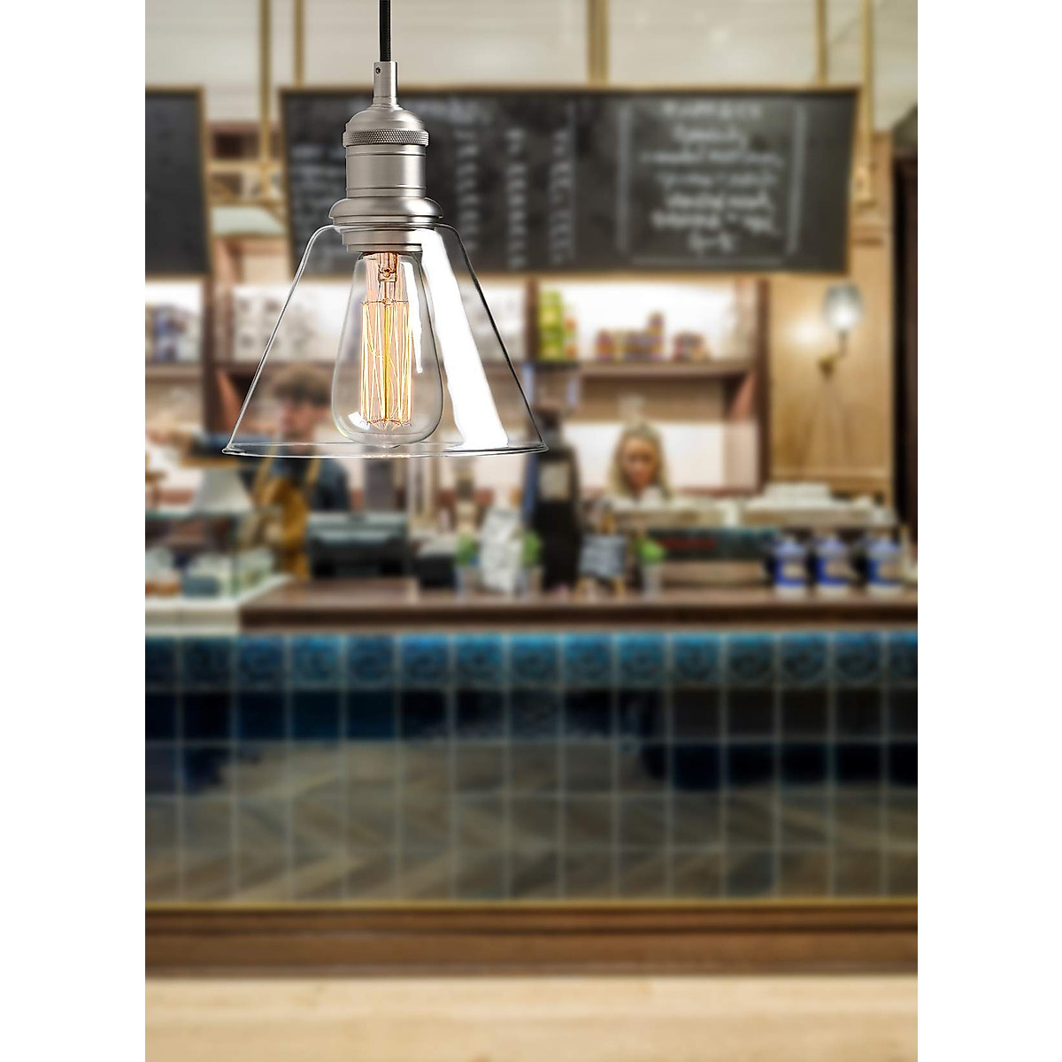 Yosoan -Light Vintage Edison Hanging Pendant Light, Mini Funnel Flared Glass Clear Glass Shade for Kitchen Bathroom Porch Living Room Dinning Room Office Restaurants Hotels Bar Island (Brushed)