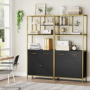 HITHOS 71" Tall Bookshelf, Modern White and Gold Bookcase, Book Shelves with Drawers and Storage Cabinet, Metal Etagere Bookcase Display Shelves for Home Office, Gold/Black