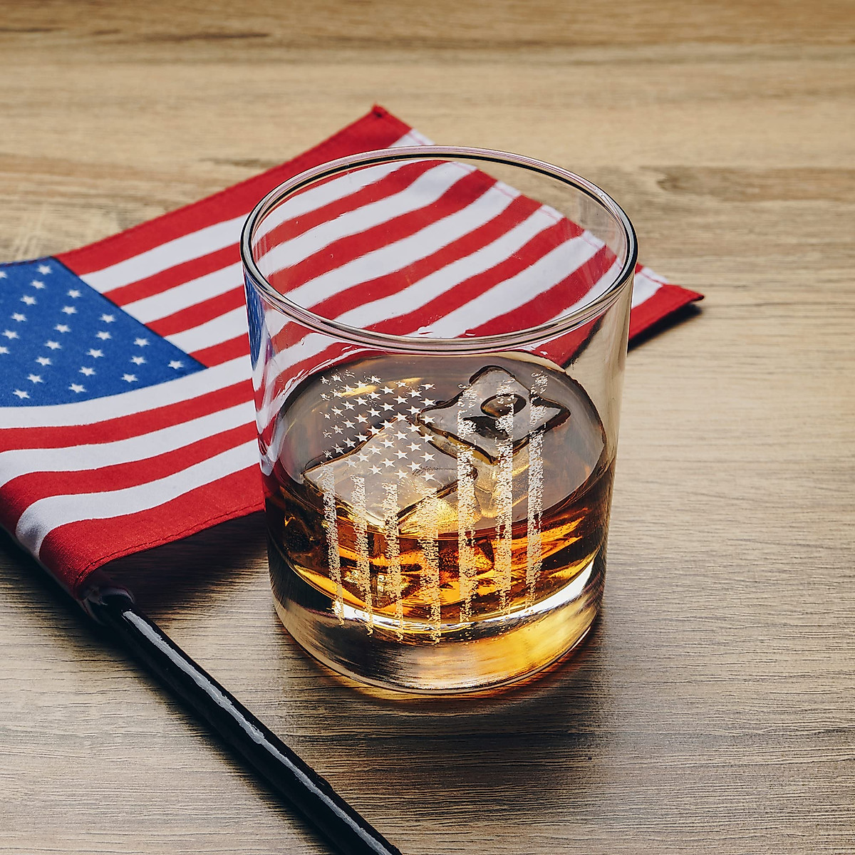 Distressed American Flag - Old Fashioned Whiskey Rocks Bourbon Glass - 10 oz capacity