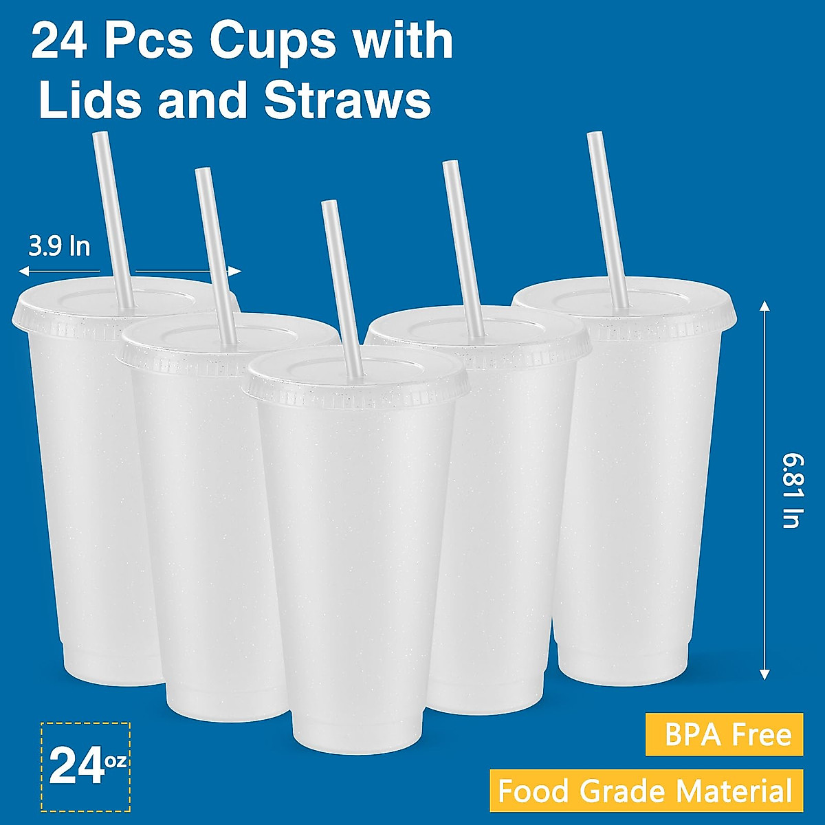 Amyhill 24 Pcs Reusable Cups with Lids and Straws 24 oz Glitter Iced Coffee Tumbler Plastic Travel Mug Cup for Smoothie Juices Birthday Sleepover Party Supplies for Girls(Clear)