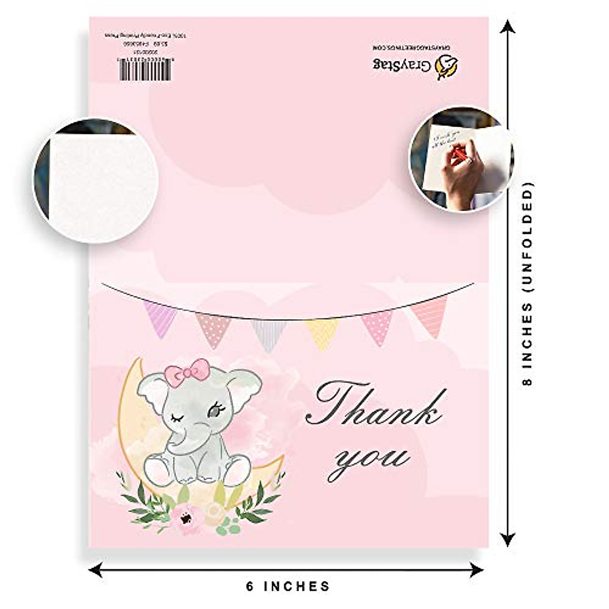 Thank You Baby Shower Card for Girls - UV Emboss Matt Finish. 24 Pack Pink Elephant Baby Girl Cards. Girl Sprinkle Thank You Cards with Envelopes & Stickers.