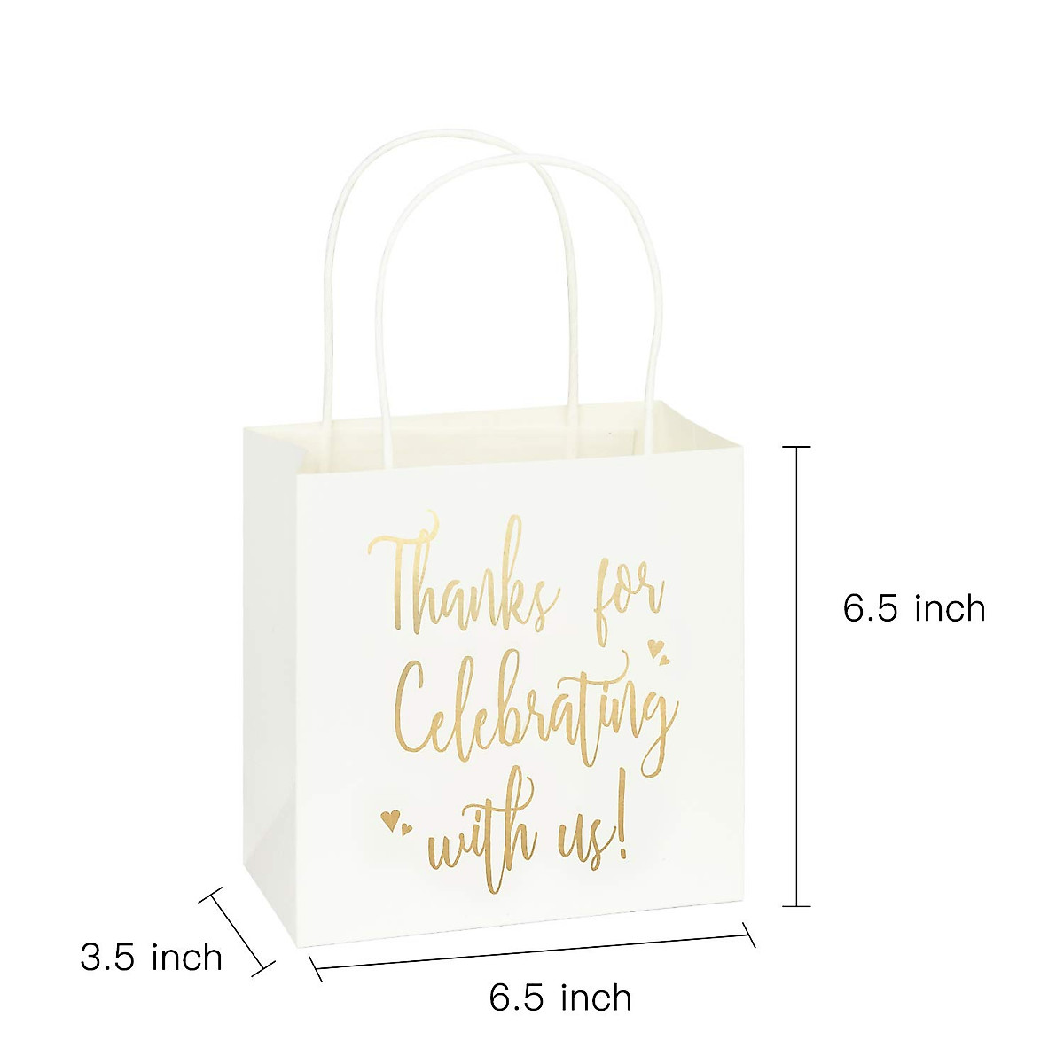 LaRibbons Small Size Gift Bags - Gold Foil Thanks for celebrating with us White Paper Bags with Handles for Wedding, Birthday, Baby Shower, Party Favors - 12 Pack - 6.5" x 3.5" x 6.5"