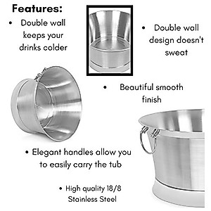 BirdRock Home Double Wall Round Beverage Tub - Stainless Steel - Ice Bucket - Metal Decorative Drink Cooler - House Party - Handles Small Container - Large