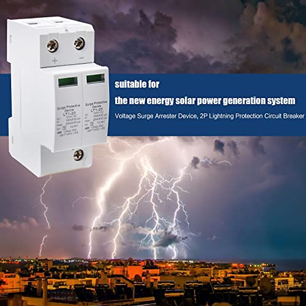 VOZINMOST Voltage Surge Arrester Device Circuit Breaker, 2P Surge Protective Device DC Photovoltaic Lightning Protector Safe House Low-Voltage Arrester (1000V 2P20KA)