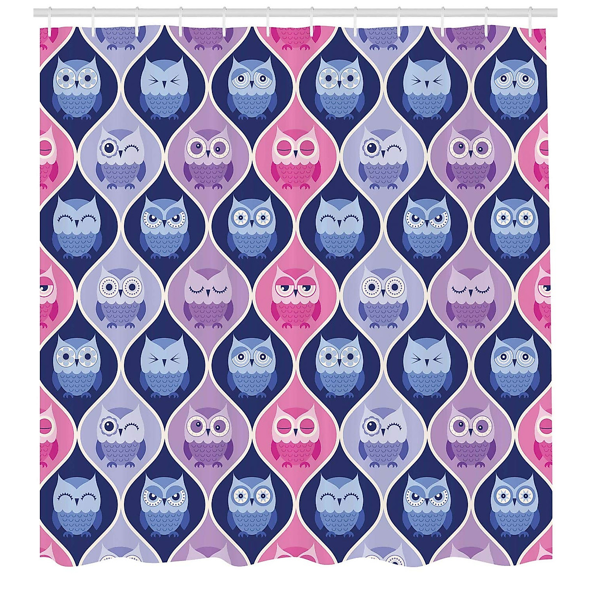 Ambesonne Owl Shower Curtain, Tired Eyes Closed Sleeping Owls Silent Flight Vertical Design Illustration, Cloth Fabric Bathroom Decor Set with Hooks, 69" W x 75" L, Pink Purple Blue