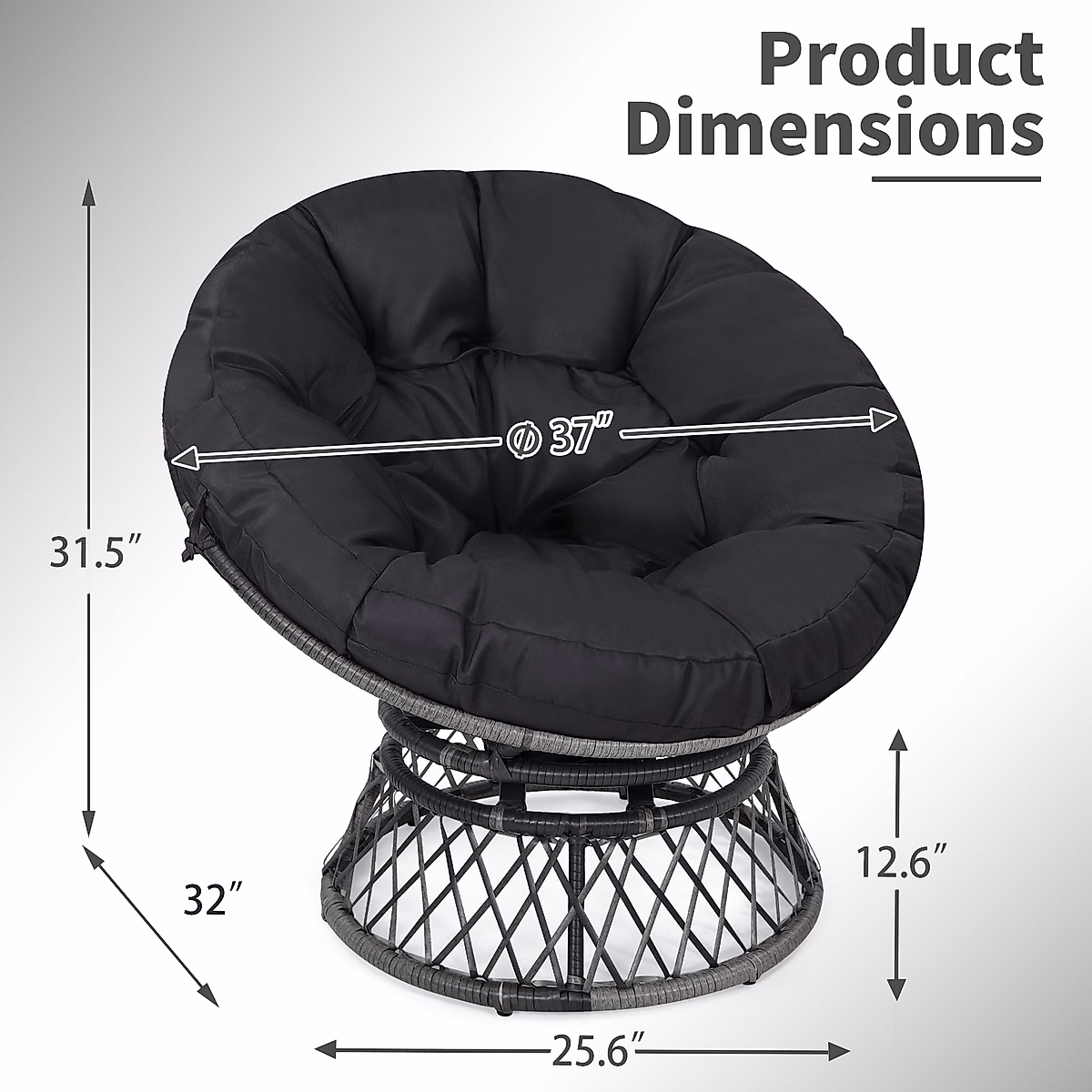 KROFEM 37" Wicker Papasan Circle Chair 360° Swivel, Indoor Outdoor Furniture, Ideal for Teenagers, Frame with Black Thick Cushion