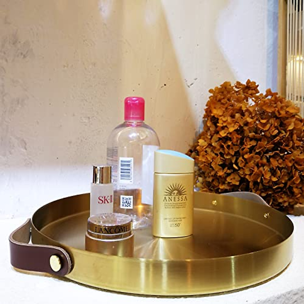 12 Inch Round Golden Tray with Brown Handle, Metal Vanity Tray with ...