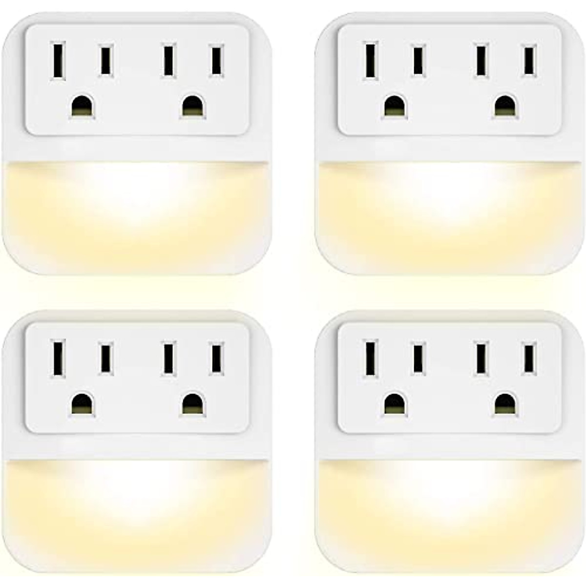 POWRUI Plug-in Night Light with 2-Outlet Extender, Warm White LED Nightlight with Dusk-to-Dawn Sensor for Bedroom, Bathroom, Kitchen, Hallway, Stairs, 4-Pack