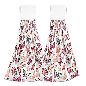 Summer Pink Butterflies Kitchen Towels,Colorful Flying Animals Absorbent Tie Hand Hanging Towel with Loop 2 PCS Kitchen Linen Sets for Bathroom Restroom Home Decor