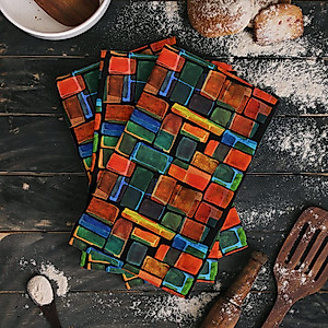 Kitchen Dish Towels 3 Pack -Super Absorbent Soft Microfiber, Art Decor Abstract Red Blue Yellow Green Bricks Cleaning Dishcloth Hand Towels Tea Towels for Kitchen Bathroom Bar