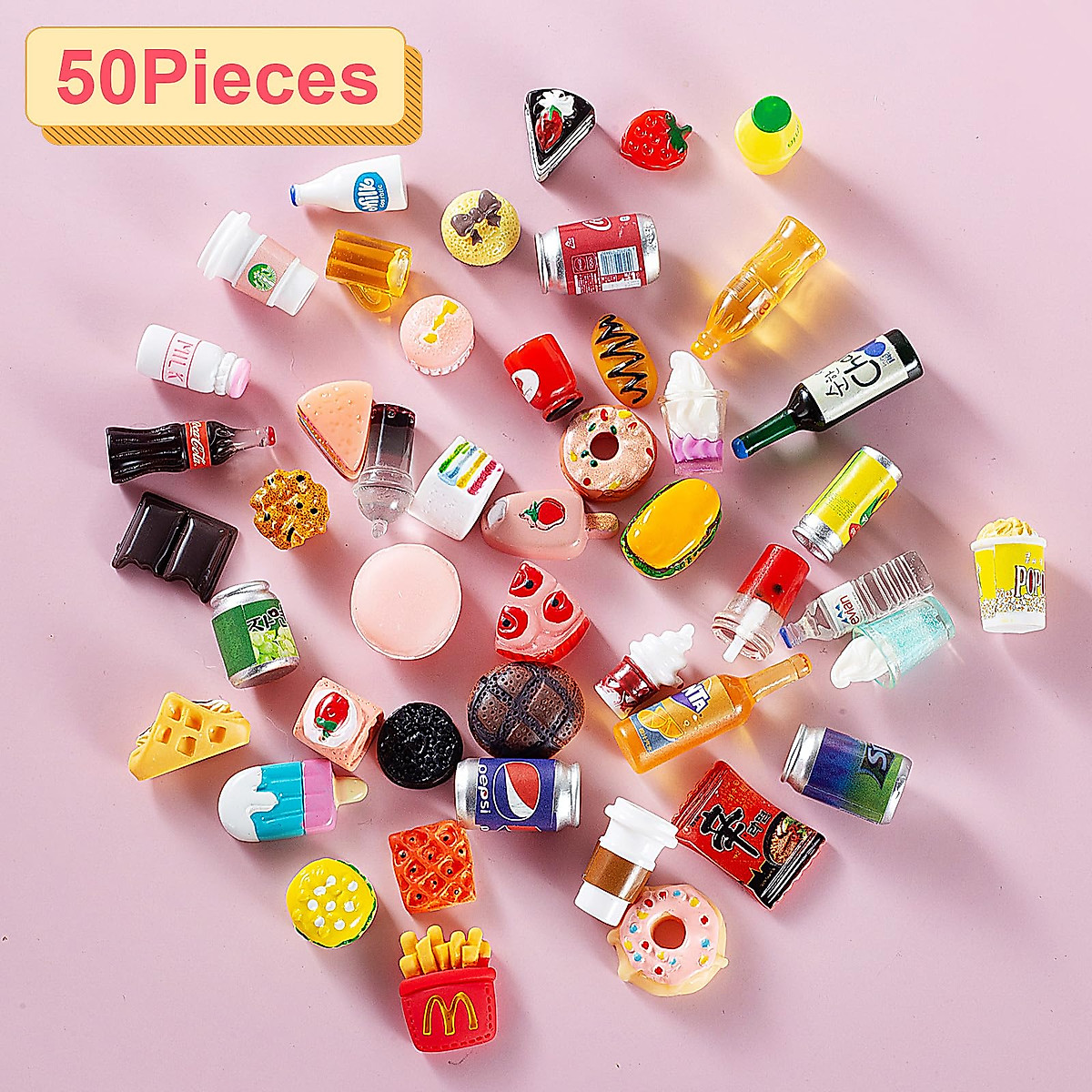 50 Pcs Miniature Food Drink Bottles Soda Pop Cans Pretend Play Kitchen Game Party Accessories Toys Hamburg Cake Ice Cream for 1/12 Doll House (25Food+25Drink)