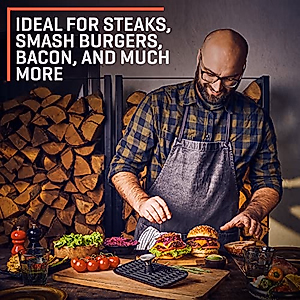 Uno Casa Hibachi Grill and Cast Iron Grill Press Set - Bundle of Pre-Seasoned Small Charcoal Grill with XL Hamburger Press, Charcoal Grill for Camping and 9x4.5 Inch Bacon/Burger Press