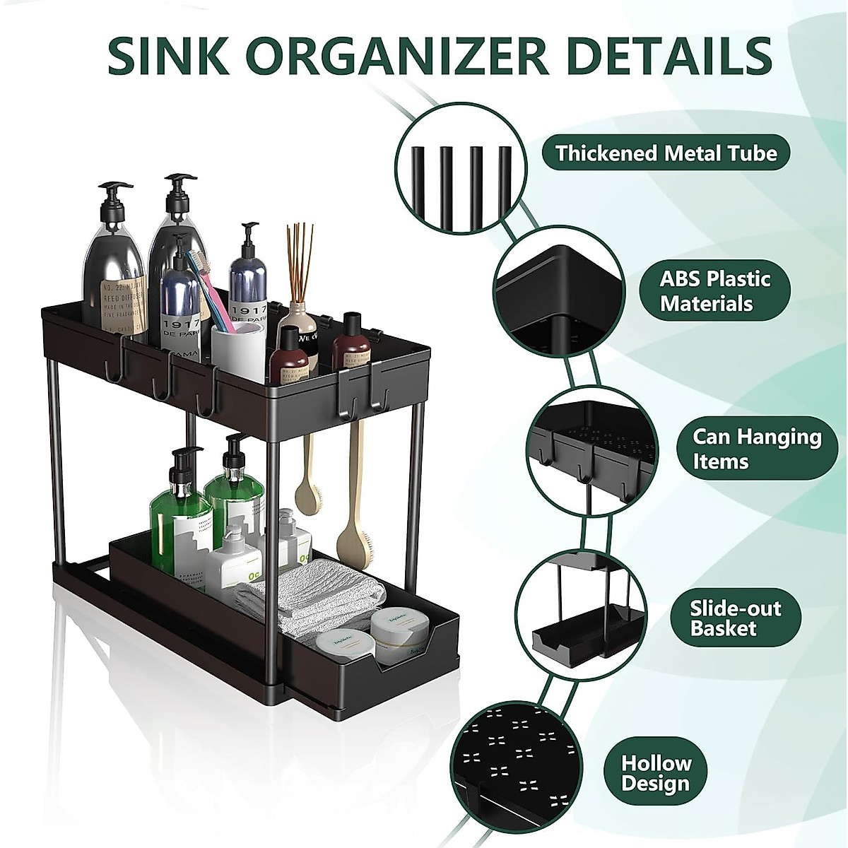 mosala Under Sink Organizers and Storage 2 Pack - 2 Tier Sliding Bathroom Cabinet Organizer with Hooks - Multi-Purpose Under The Sink Organizer Kitchen - Black
