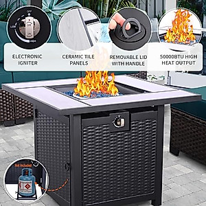 Outdoor Patio Dark Brown Rattan 7 Piece Sectional Furniture Set PE Wicker Conversation Sofa with Gas Fire Pit Square Steel Table and Non-Slip 5" Thick Peacock Blue Cushion