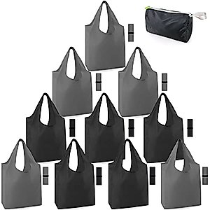 BeeGreen X-Large 10 Pack Black & Grey Reusable Shopping Bags with Storage Pouch & Elastic Band Reusable Grocery Bags Bulk Wholesale 50LBS Foldable Fabric Bags Machine Washable