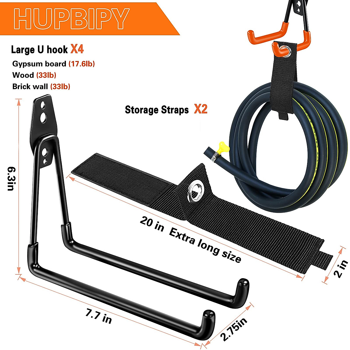 HUPBIPY Garage Hooks 4 Pack, 7.7 inch Long Hooks, with 2 Extension Cord Holder Organizer, Heavy Duty Garage Hanger, Ladder Hooks for Garage Wall