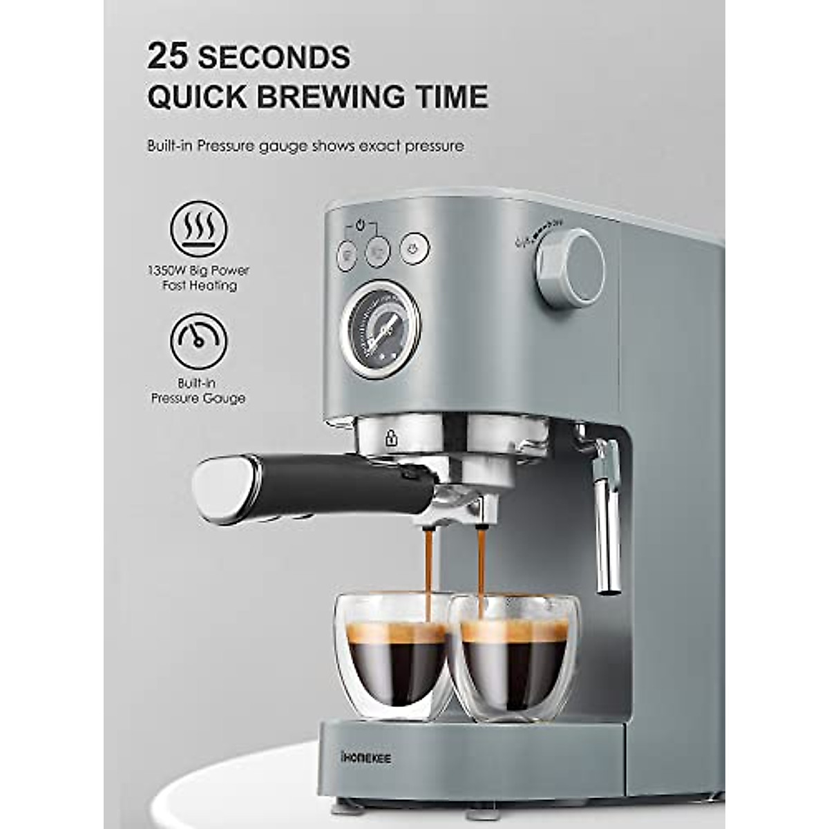 Ihomekee Espresso Machine Coffee Makers 15 Bar Cappuccino Machines with Milk Frother for Espresso/Cappuccino/Latte/Mocha for Home Brewing 1350W