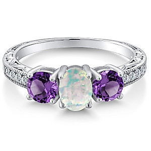 Gem Stone King 925 Sterling Silver Oval Cabochon White Simulated Opal and Purple Amethyst Ring For Women (1.65 Cttw, Gemstone Birthstone, Available In Size 5, 6, 7, 8, 9)